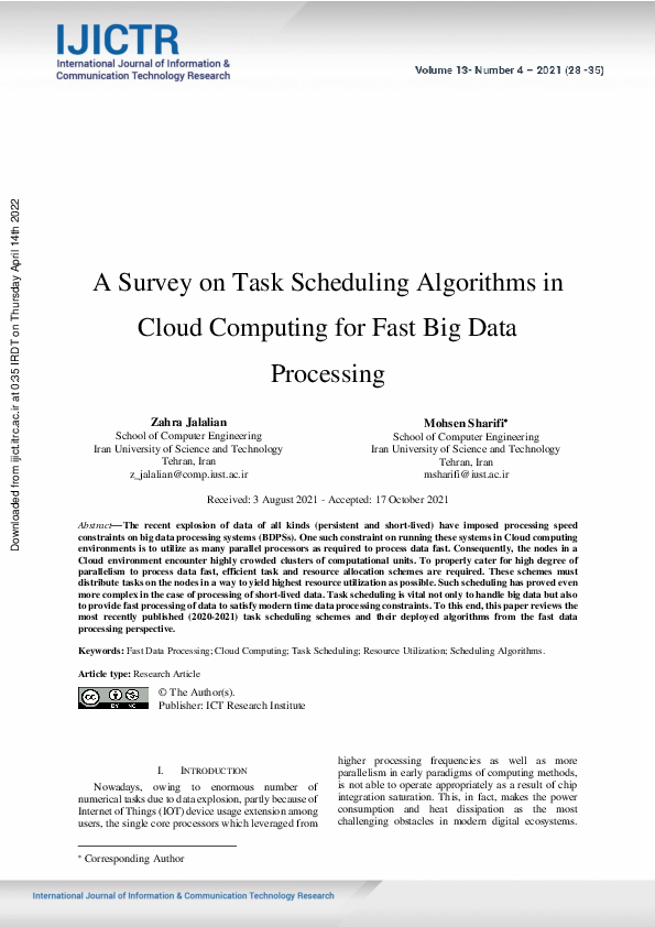 Pdf A Survey On Task Scheduling Algorithms In Cloud Computing For Fast Big Data Processing