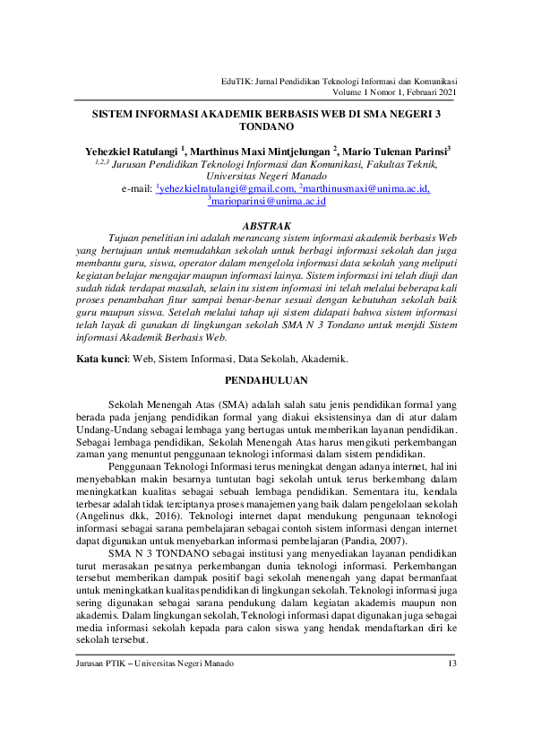 (PDF) Sistem Informasi Akademik Berbasis Web DI Sma Negeri 3 Tondano