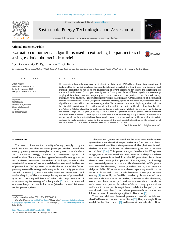 Pdf Evaluation Of Numerical Algorithms Used In Extracting The Parameters Of A Single Diode