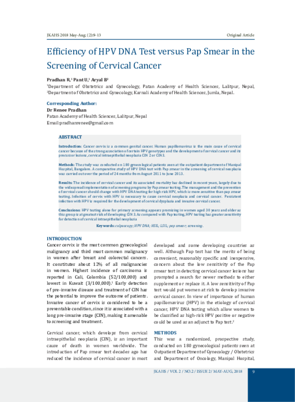 (PDF) Efficiency of HPV DNA Test versus Pap Smear in the Screening of ...