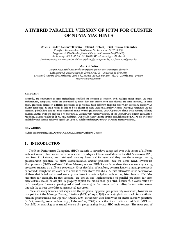 Pdf A Hybrid Parallel Version Of Ictm For Cluster Of Numa Machines Elisabeth Elisabeth