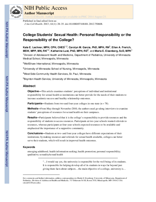 (PDF) College Students’ Sexual Health: Personal Responsibility or the ...