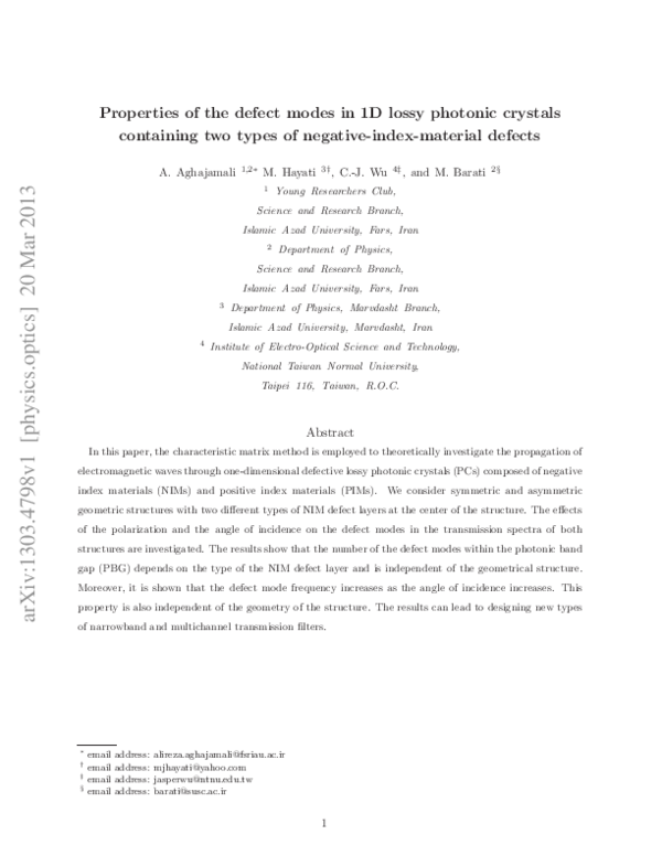 (PDF) Properties of the defect modes in 1D lossy photonic crystals containing two types of ...