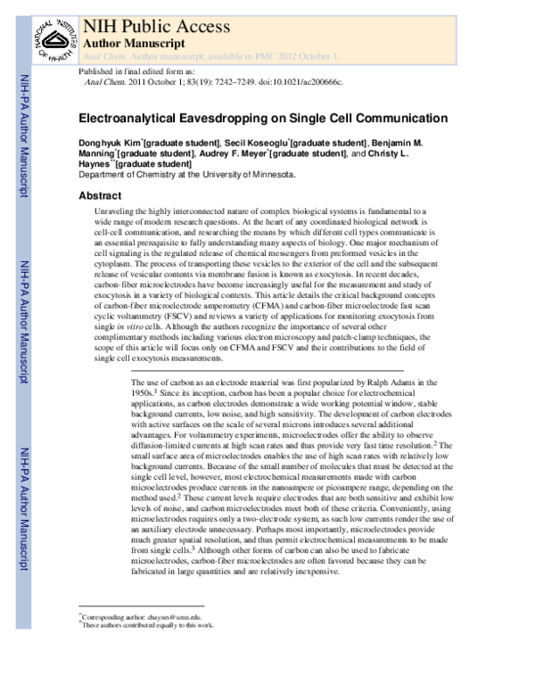 (PDF) Electroanalytical Eavesdropping on Single Cell Communication