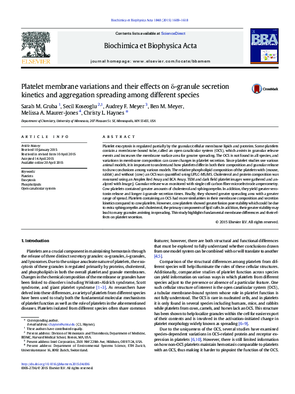 (PDF) Platelet Membrane Variations and their Effects on δ-Granule ...
