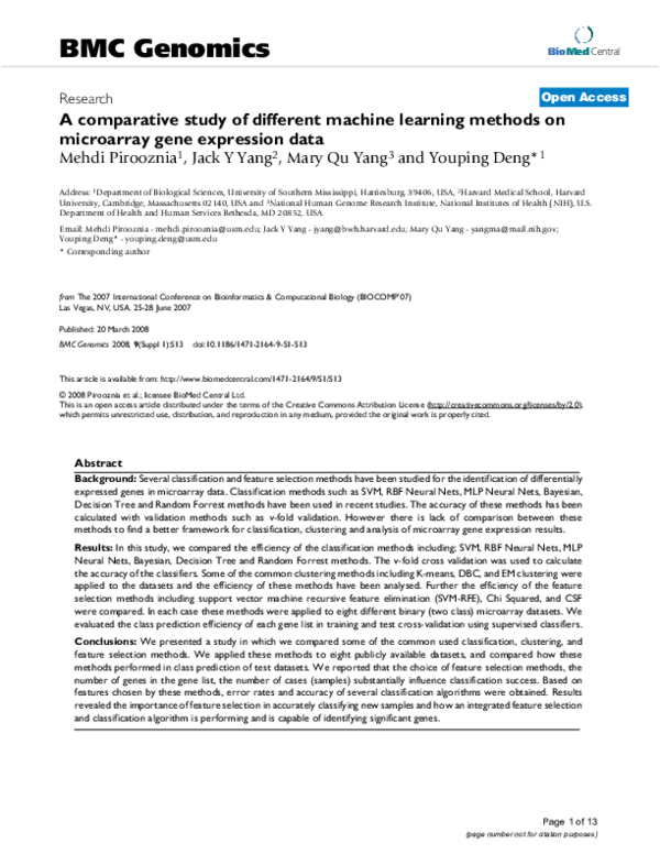 (PDF) A comparative study of different machine learning methods on microarray gene expression data