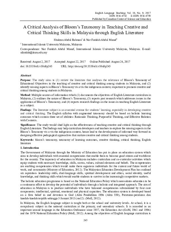 (PDF) A Critical Analysis of Bloom’s Taxonomy in Teaching Creative and ... (PDF) A Critical Analysis of Bloom’s Taxonomy in Teaching Creative and ...