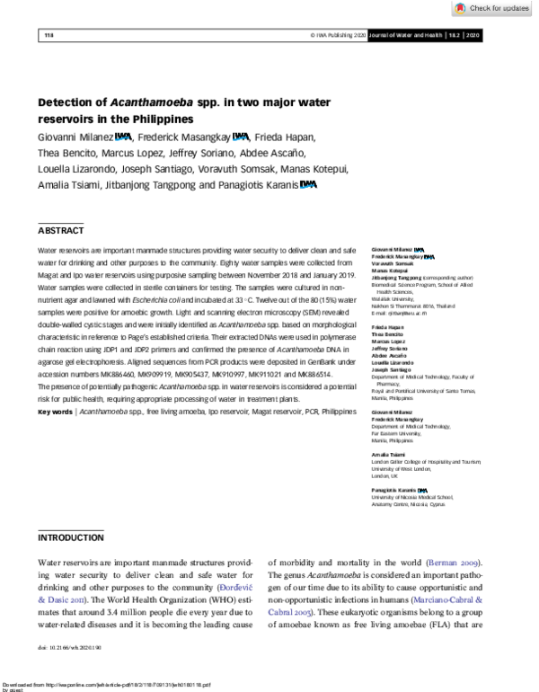 Pdf Detection Of Acanthamoeba Spp In Two Major Water Reservoirs In The Philippines Jeffrey