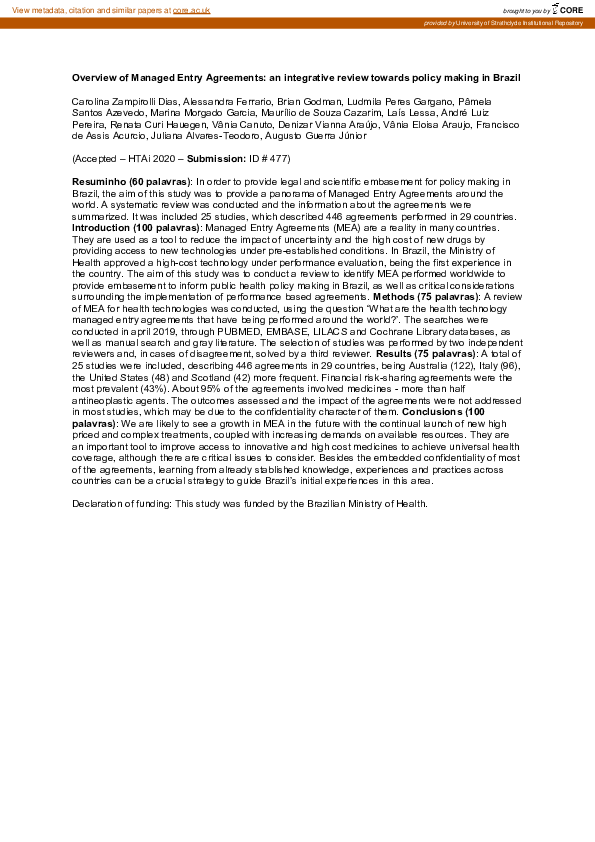 (PDF) Overview of managed entry agreements: an integrative review towards policy making in Brazil