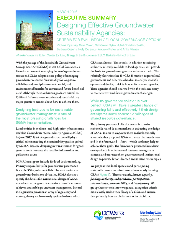 (PDF) Designing Effective Groundwater Sustainability Agencies: Criteria ...
