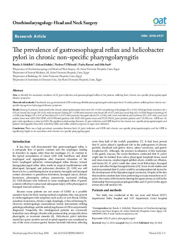 (PDF) The prevalence of gastroesophageal reflux and helicobacter pylori ...