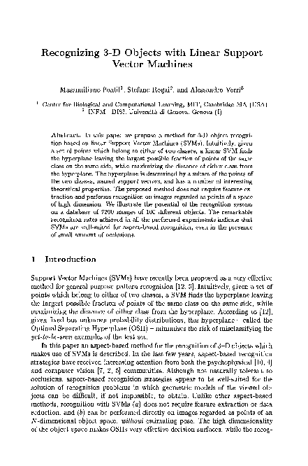 (PDF) Recognizing 3-D objects with linear support vector machines