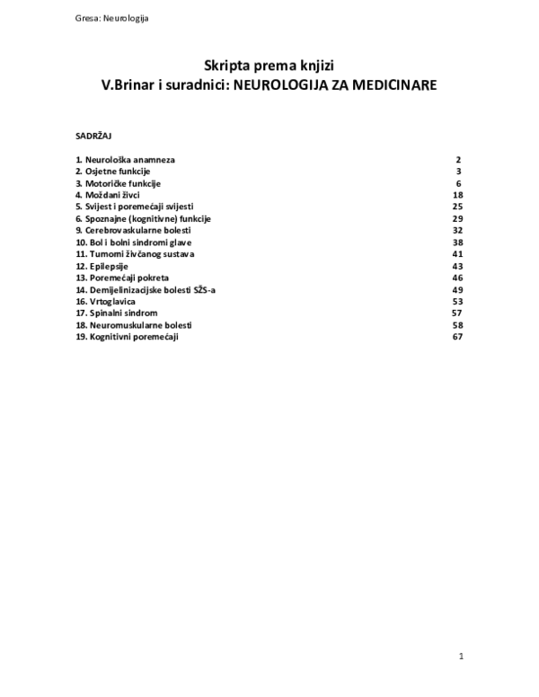 (PDF) Skripta prema knjizi V.Brinar i suradnici: NEUROLOGIJA ZA MEDICINARE