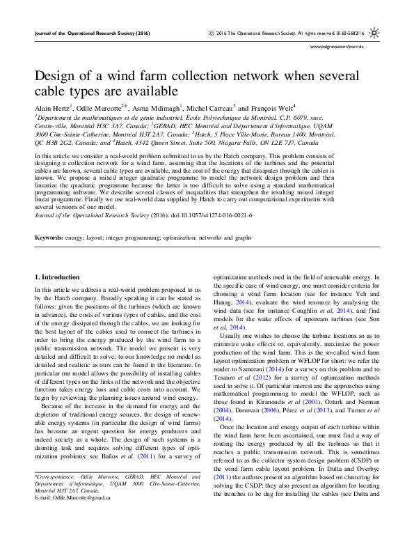 (PDF) Design of a wind farm collection network when several cable types ...
