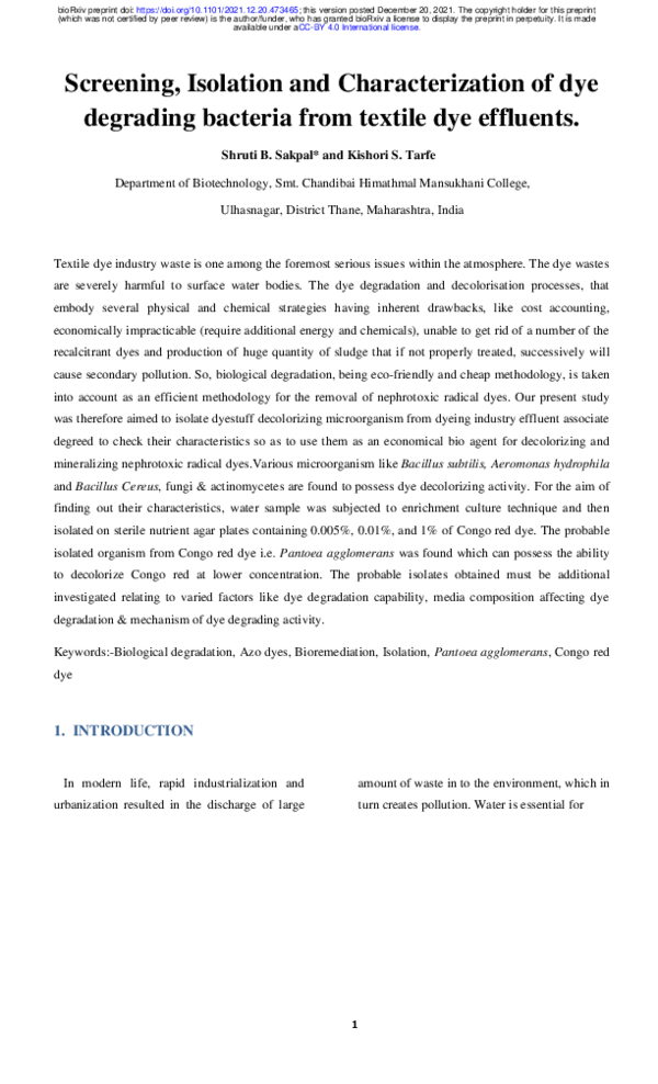 Pdf Screening Isolation And Characterization Of Dye Degrading Bacteria From Textile Dye Effluents