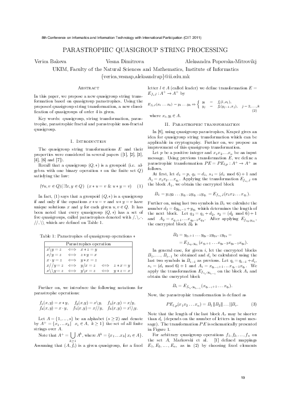 (PDF) Parastrophic Quasigroup String Processing | Aleksandra Popovska-Mitrovikj - Academia.edu