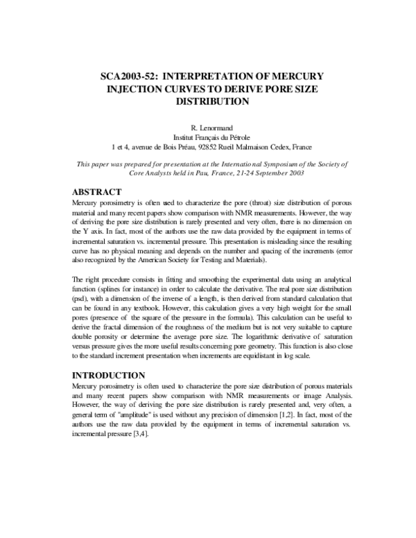 (PDF) SCA2003-52: Interpretation of Mercury Injection Curves to Derive ...