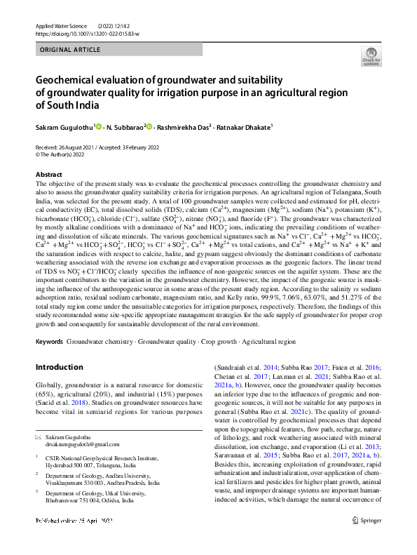 (PDF) Geochemical evaluation of groundwater and suitability of ...