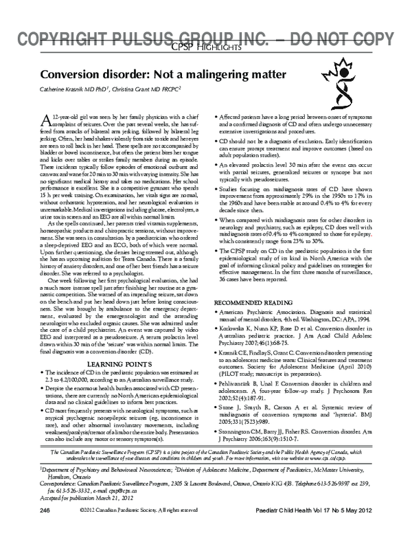 (PDF) Conversion disorder: Not a malingering matter