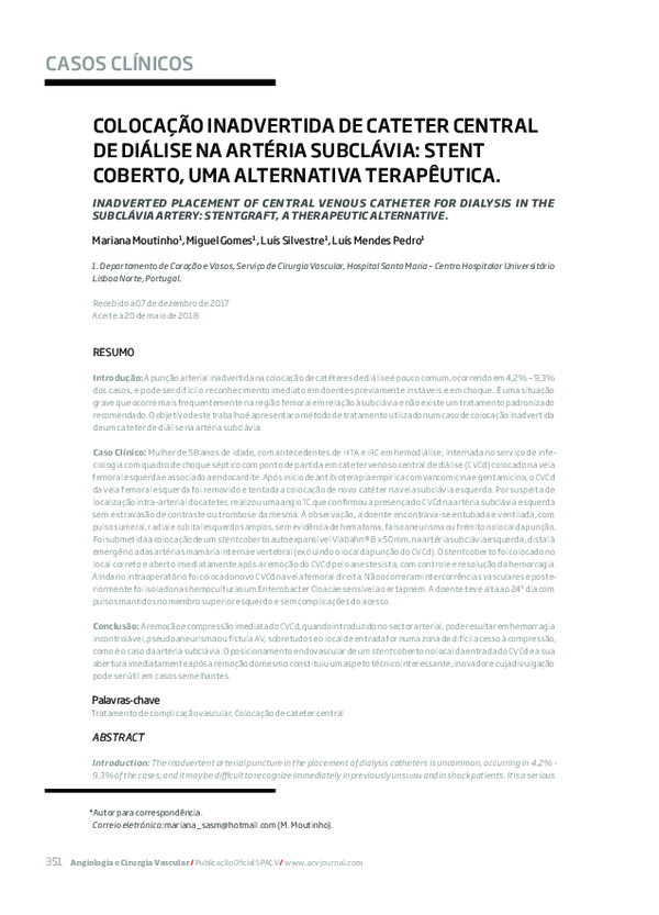 (PDF) Colocação Inadvertida De Cateter Central De Diálise Na Artéria ...