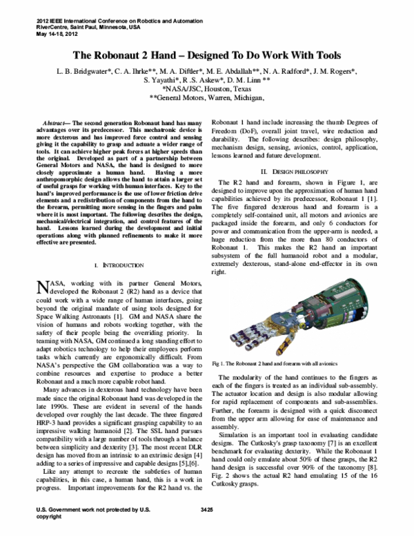 (PDF) The Robonaut 2 hand - designed to do work with tools