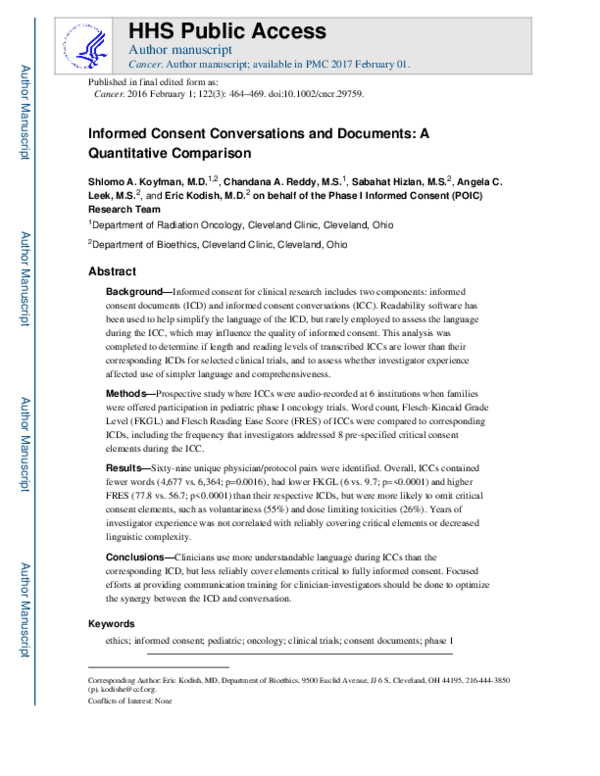 (PDF) Informed consent conversations and documents: A quantitative ...