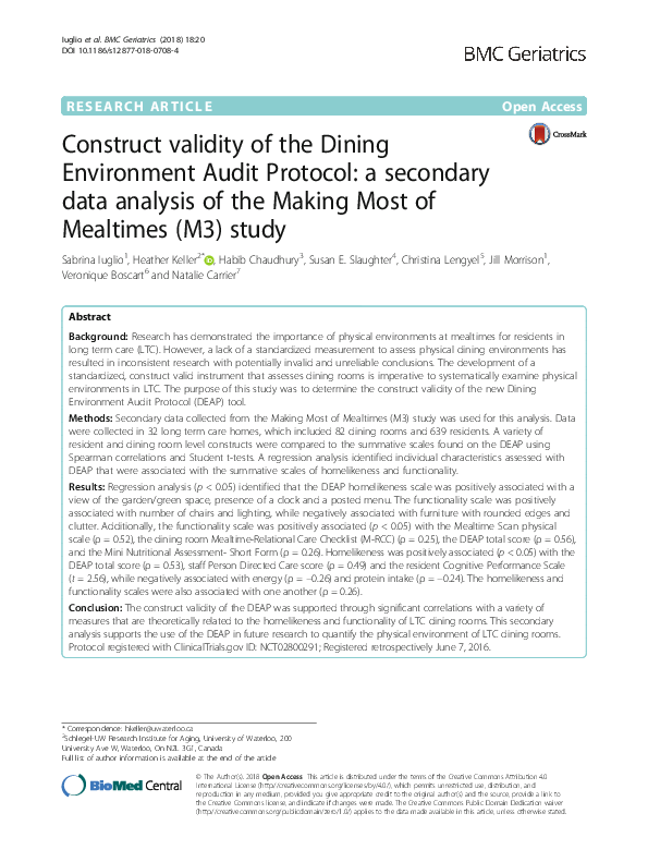 (PDF) Construct validity of the Dining Environment Audit Protocol: a secondary data analysis of ...