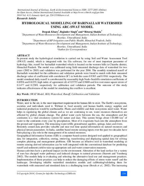(PDF) Hydrological Modelling of Barinallah Watershed Using Arc-Swat Model