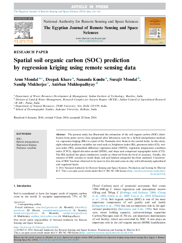 (PDF) Spatial soil organic carbon (SOC) prediction by regression kriging using remote sensing data