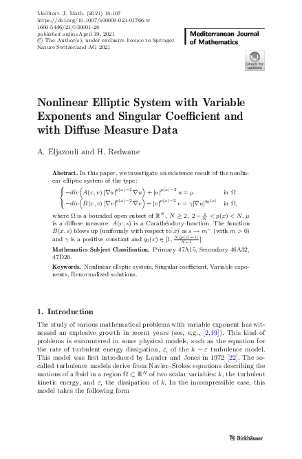 (PDF) Nonlinear Elliptic System with Variable Exponents and Singular Coefficient and with ...