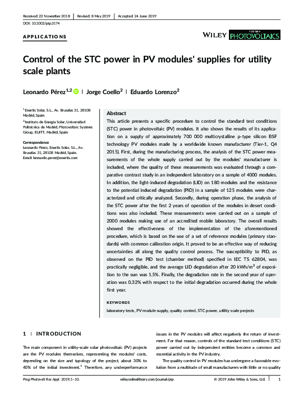 (PDF) Control of the STC power in PV modules' supplies for utility ...