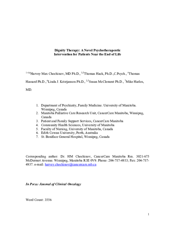 (PDF) Dignity Therapy: A Novel Psychotherapeutic Intervention for ...