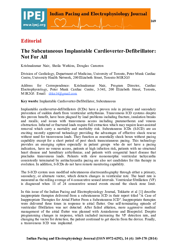 (PDF) Subcutaneous implantable cardioverter-defibrillator in a young woman