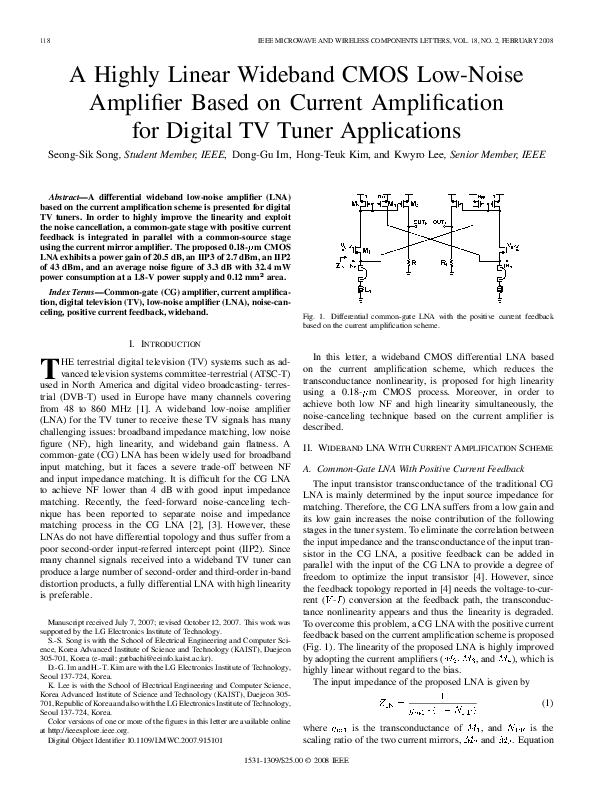 (PDF) A Highly Linear Wideband CMOS Low-Noise Amplifier Based on Current Amplification for ...