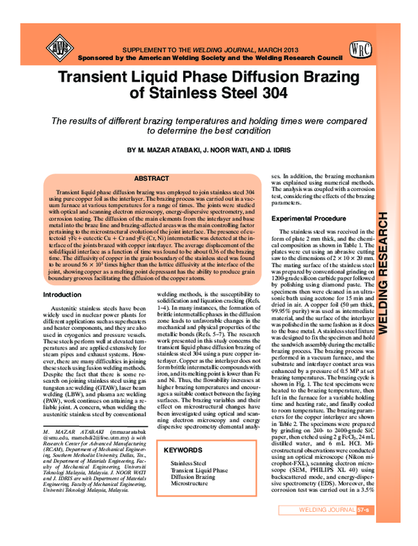 (PDF) Transient Liquid Phase Diffusion Brazing of Stainless Steel 304 ...