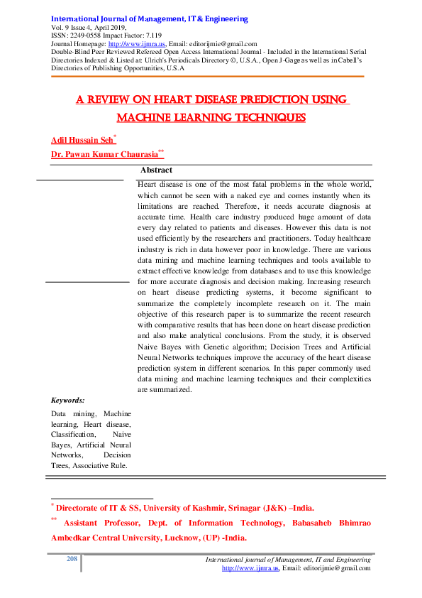 (PDF) A Review on Heart Disease Prediction Using Machine Learning Techniques