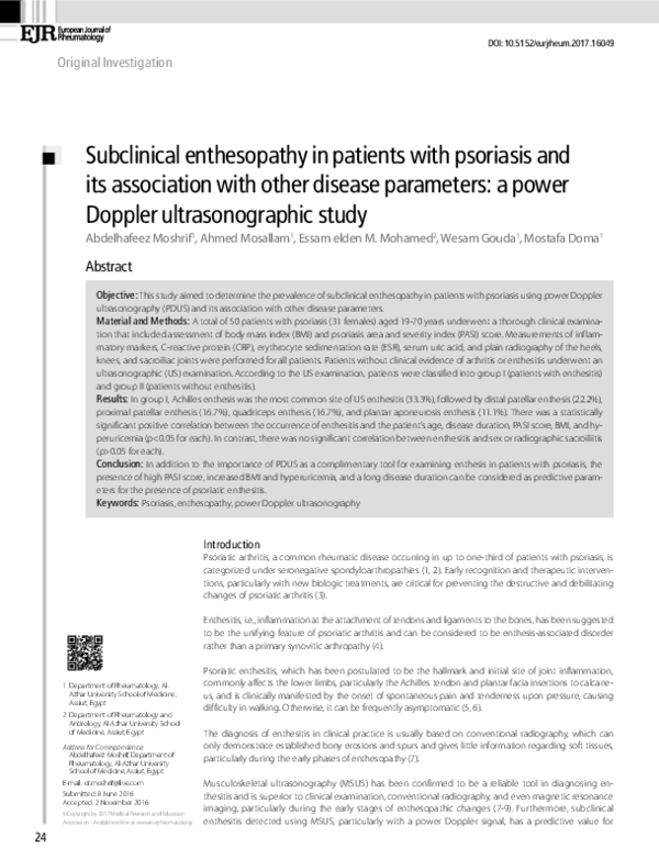 (PDF) Subclinical enthesopathy in patients with psoriasis and its ...