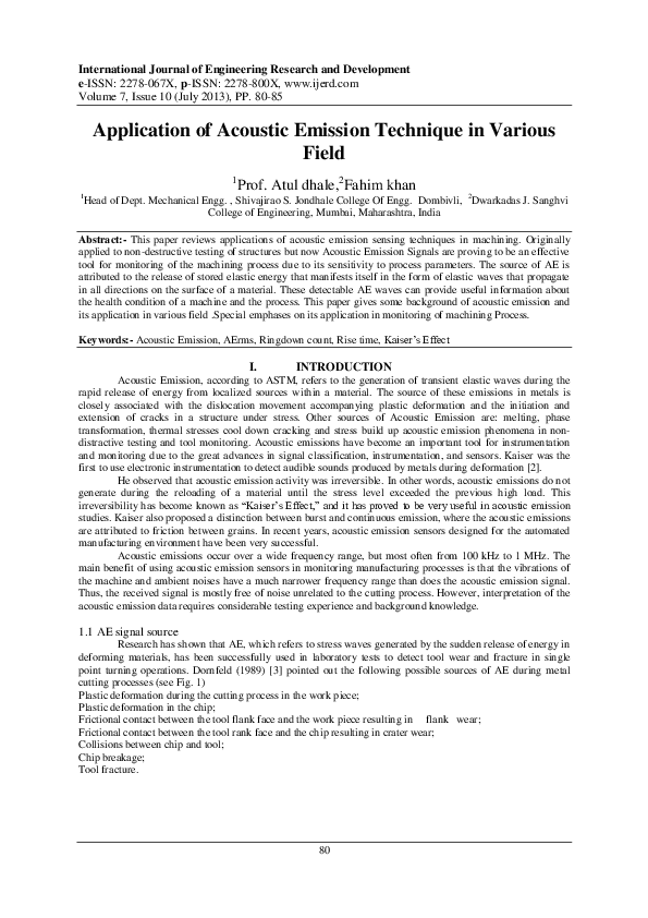 (PDF) Application of Acoustic Emission Technique in Various Field