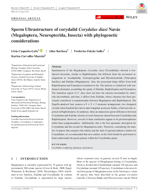 (PDF) Sperm Ultrastructure of corydalid Corydalus diasi Navás ...