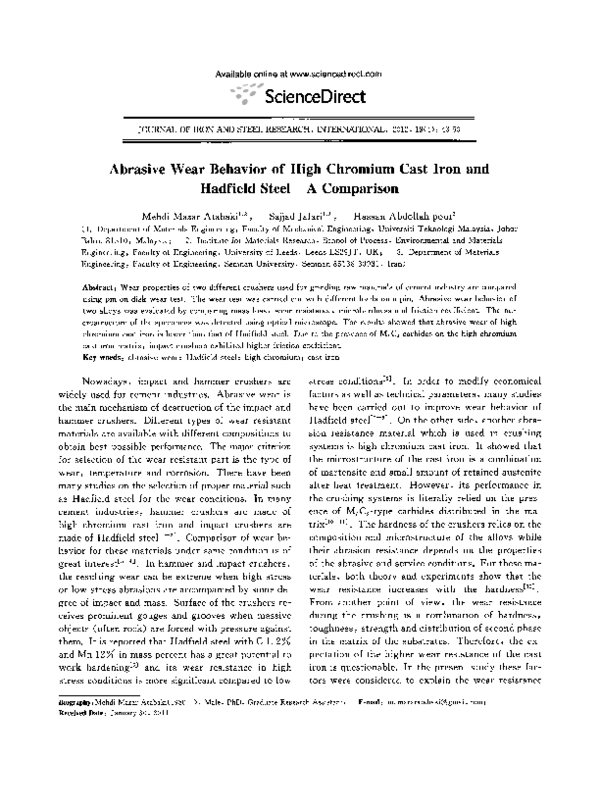 (PDF) Abrasive Wear Behavior of High Chromium Cast Iron and Hadfield Steel—A Comparison
