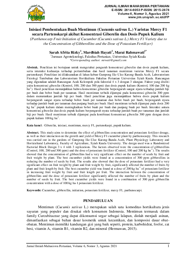 (PDF) INISIASI PEMBENTUKAN BUAH MENTIMUN (Cucumis sativus L.) VARIETAS ...