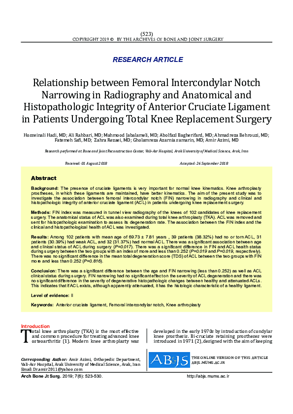 (PDF) Relationship between Femoral Intercondylar Notch Narrowing in ...