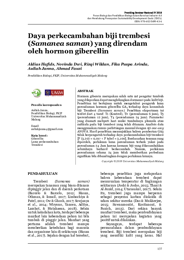 (PDF) Daya perkecambahan biji trembesi (Samanea saman) yang direndam ...