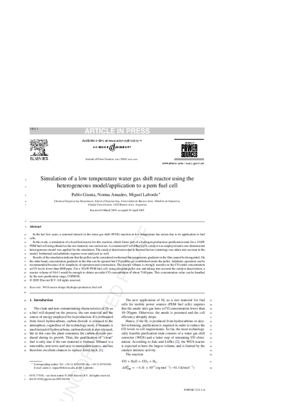 (PDF) Simulation of a low temperature water gas shift reactor using the ...