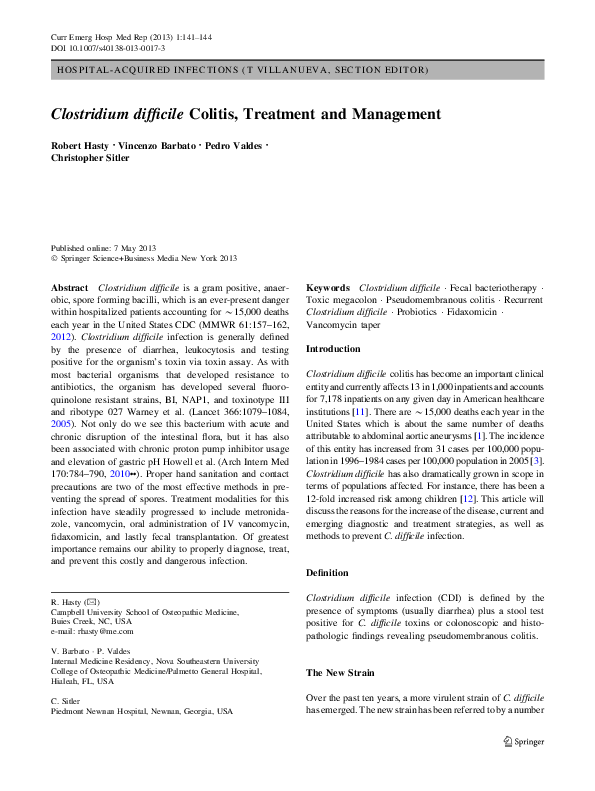 (PDF) Clostridium difficile Colitis, Treatment and Management | pedro ...