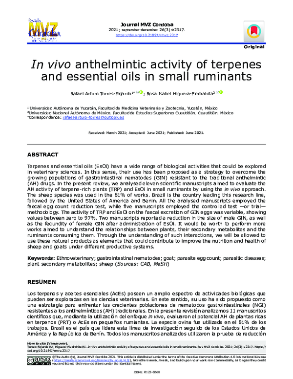 (PDF) In vivo anthelmintic activity of terpenes and essential oils in ...
