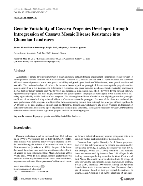 (PDF) Genetic variability of cassava progenies developed through introgression of cassava mosaic ...