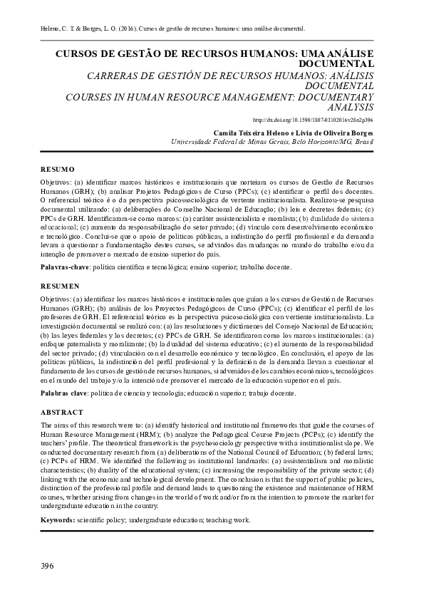 (PDF) Cursos De Gestão De Recursos Humanos: Uma Análise Documental
