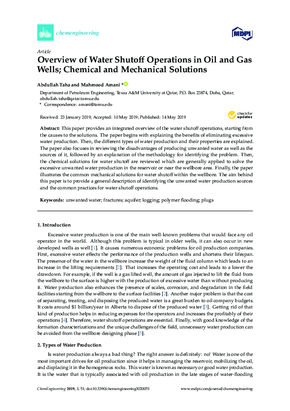 (PDF) Overview of Water Shutoff Operations in Oil and Gas Wells; Chemical and Mechanical Solutions