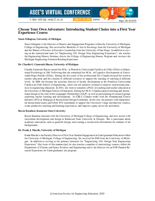 (PDF) Student Choice in First-Year Engineering Courses